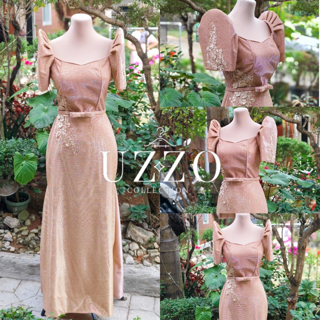 HABLON Elegant Modern Filipiniana A-line Mocha Blush Lace Long Gown ...