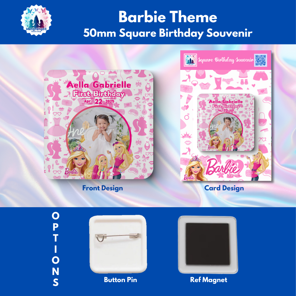 Barbie Theme Personalized Birthday Souvenir: Square Badge Pin / Ref ...