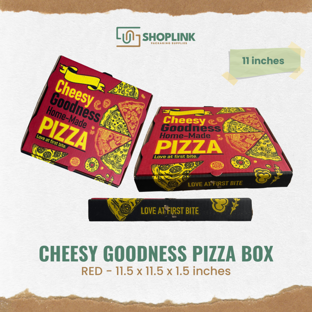 Pizza Box - Cheesy Goodness RED 11" - 50pcs - Corrugated - Brown Kraft ...