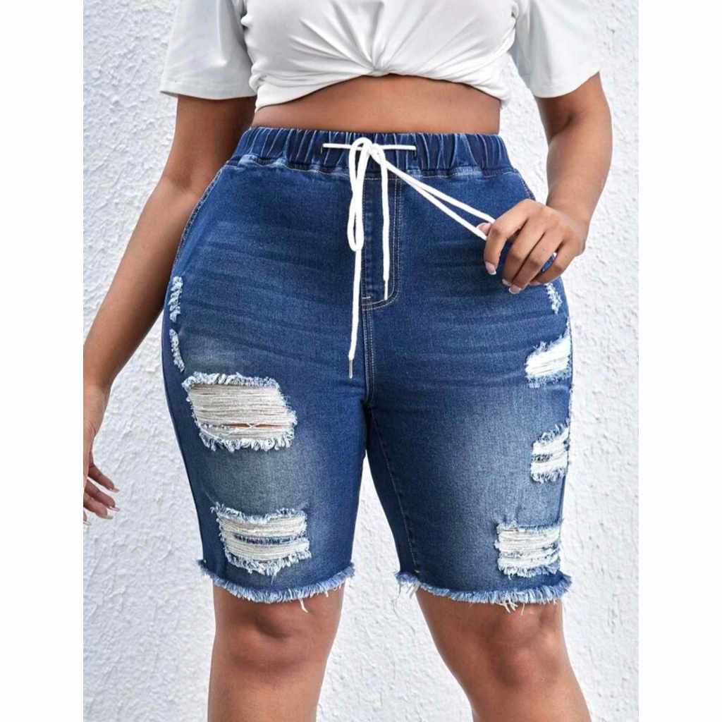 Plus Size High Waist Stretchable Drawstring Ripped Raw Cut Denim Shorts For Women | Shopee ...