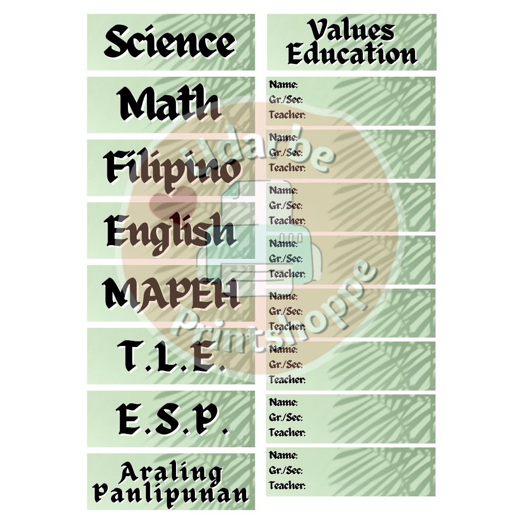GREEN SUBJECT AND BLANK NAME STICKER SET (VALUES EDUC & ESP) | Shopee ...