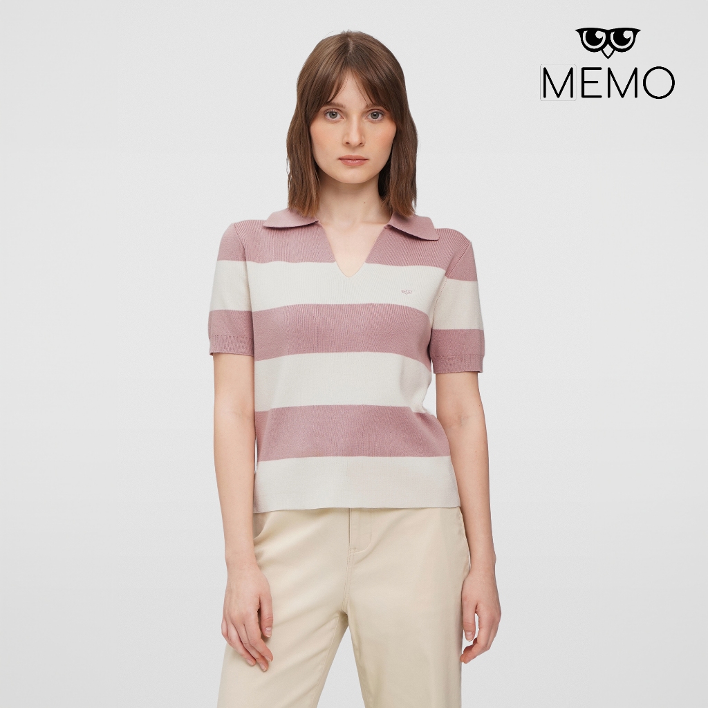 Memo Stripe V-Neck Polo For Women (Blush/Sage Green) | Shopee Philippines
