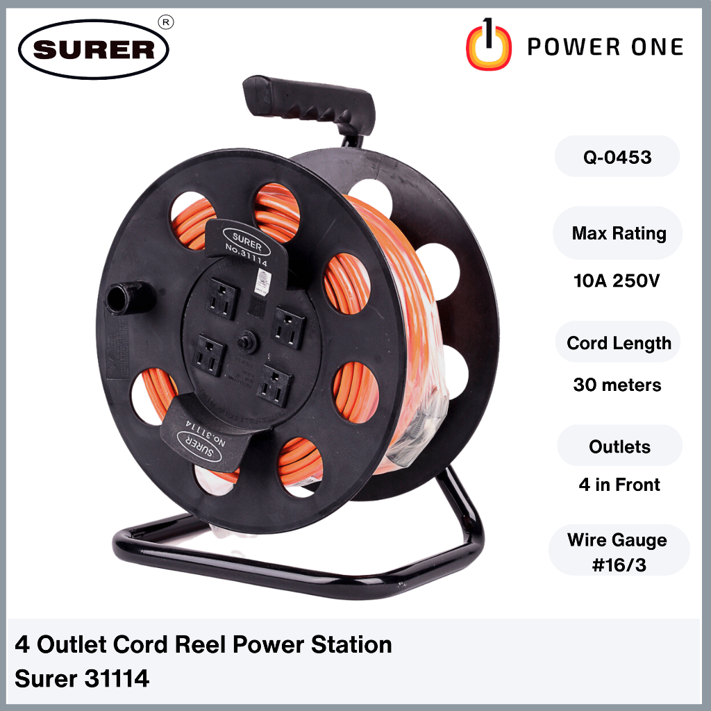 Surer 31114 Cable Cord Reel 4 Gang Outlet Power Station (30 meter Gauge ...