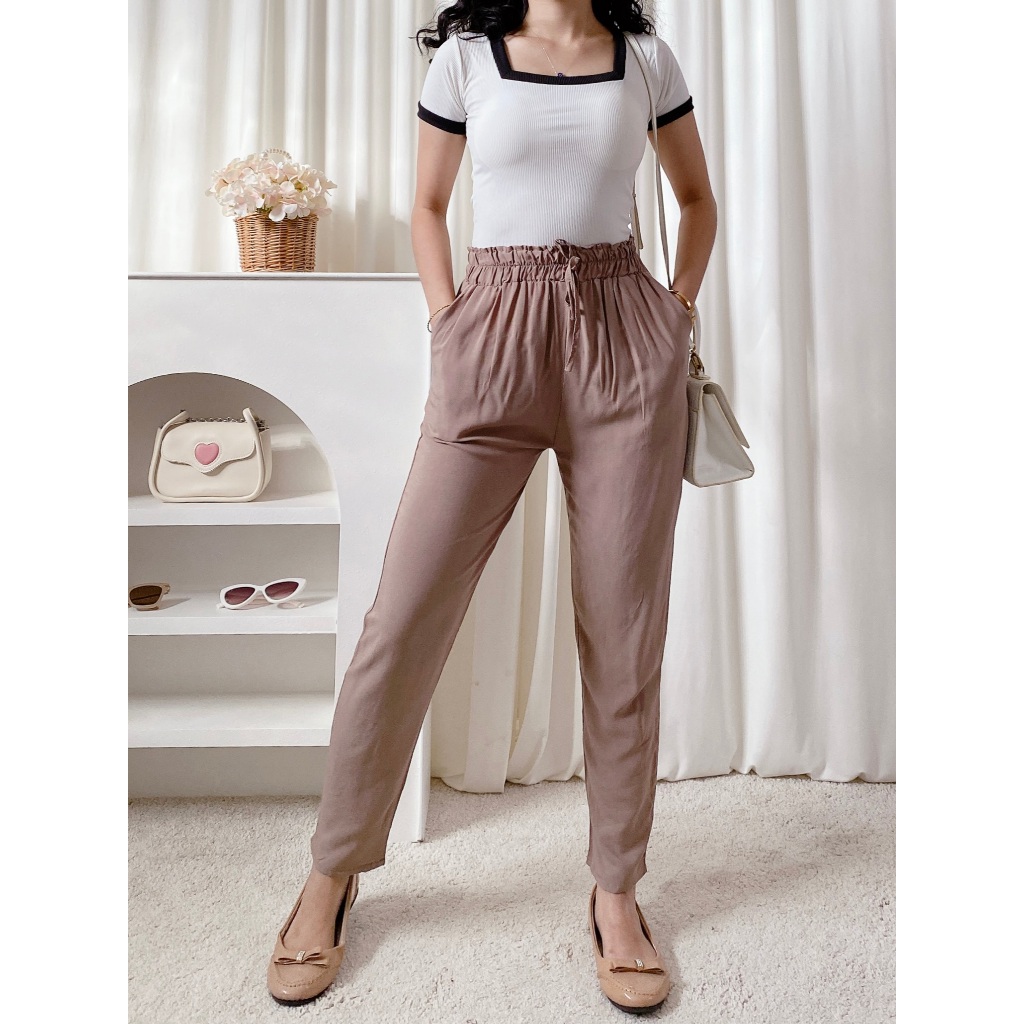 Trendy Basic High-Waisted Drawstring Pants Paper bag Waist Women ...