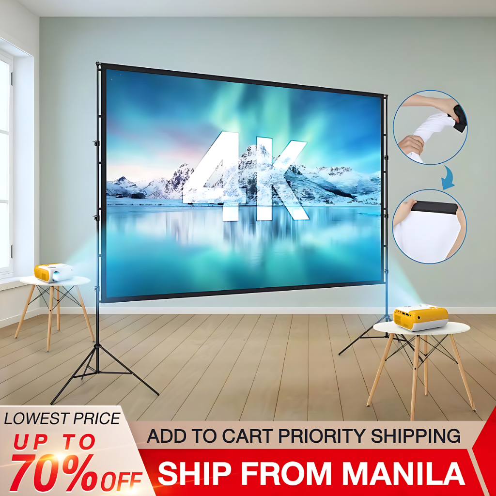 BAIERDI 84/100/120/150 inch portable projection screen 16:9 4K indoor ...