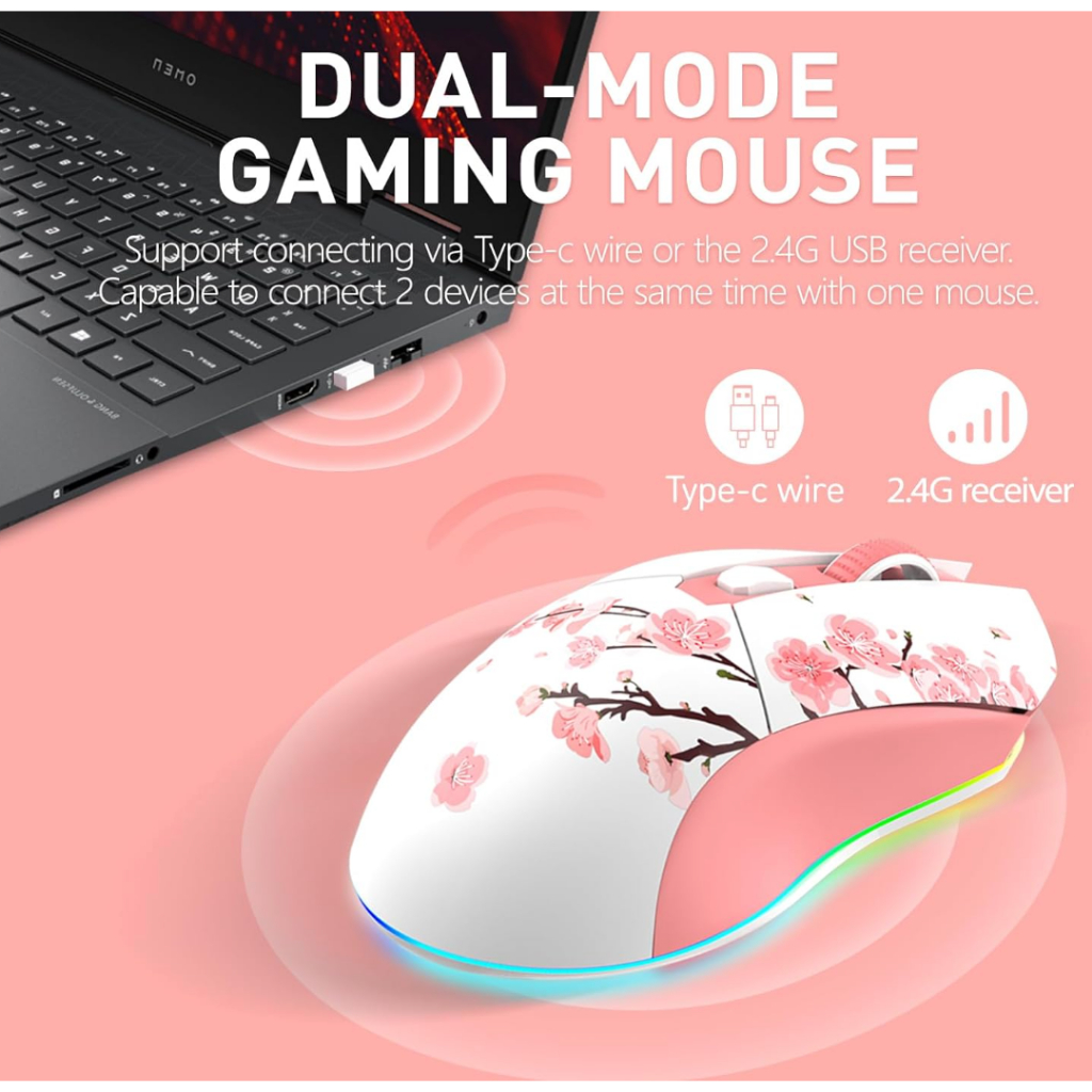 DAREU Wireless Gaming Mouse, Sakura Color/Pink, Wireless 2.4G/Wired USB ...