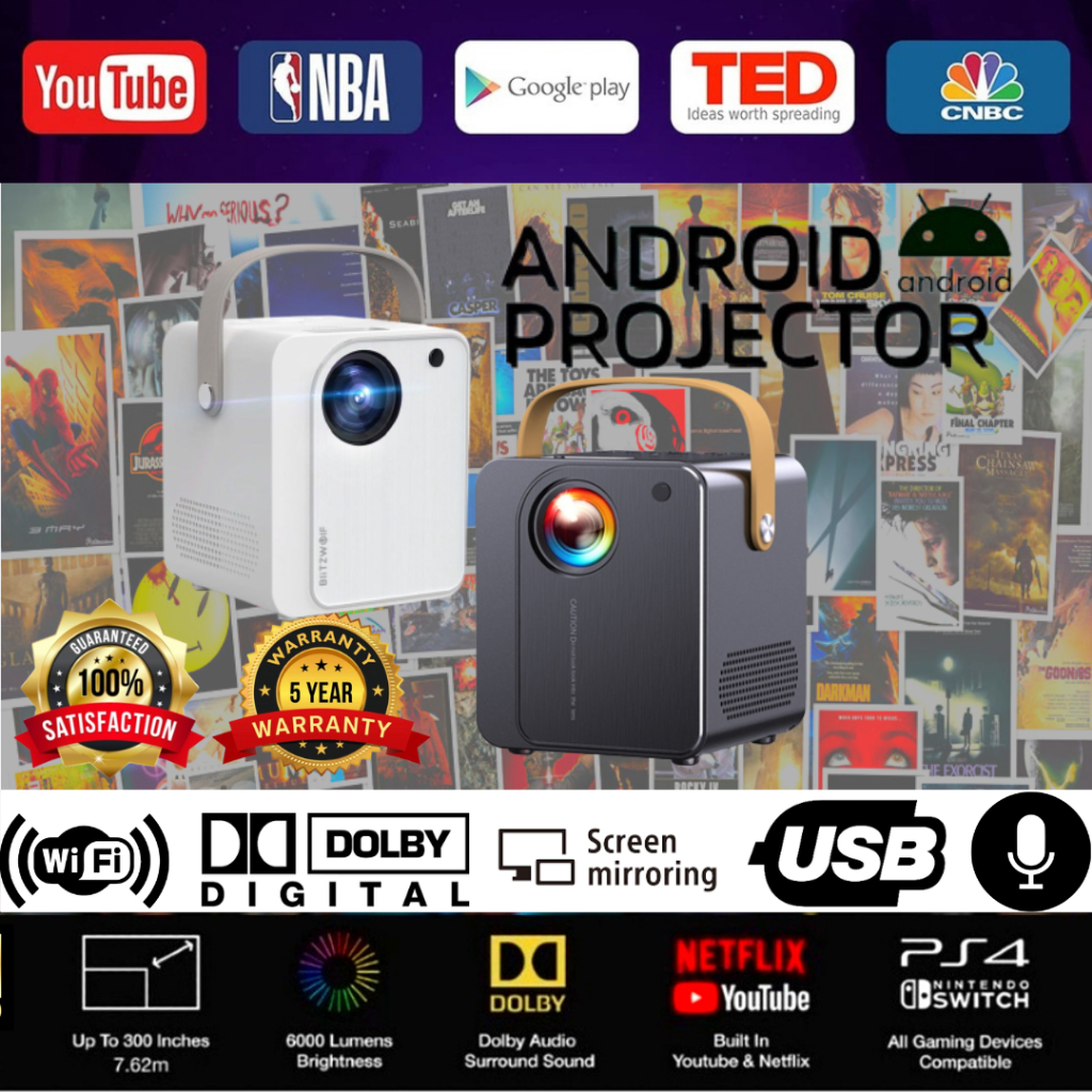 Projector Y8 Pro Portable Mini 4K UHD 6000 Projectors Android HDMI USB ...