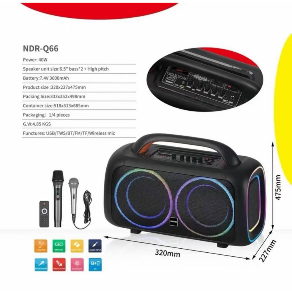 NEW NDR-Q66 Portable Wireless Bluetooth Party Box Karaoke Speakers With ...