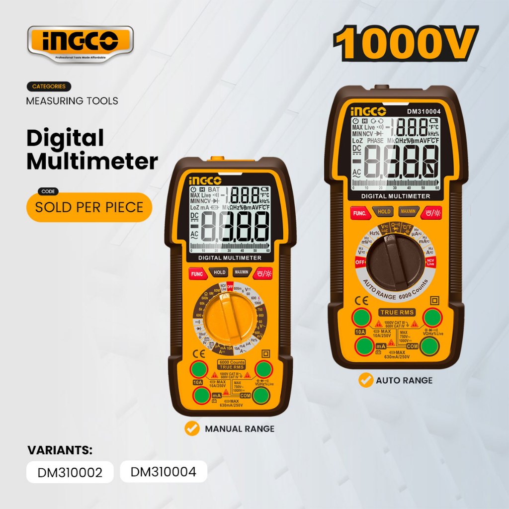 Ingco 1000V Auto/Manual Range Digital Multimeter AC DC Voltmeter ...