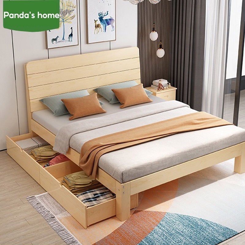 Solid Wood Bed Frame With Drawers Wooden Double Bed Frame Wood Bed ...