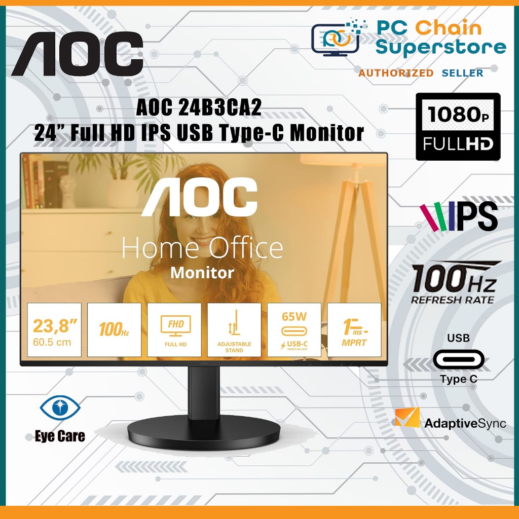 AOC 24B3CA2 USB Type-C Eye Care Monitor - 24" Full HD IPS / 100Hz / 1ms ...