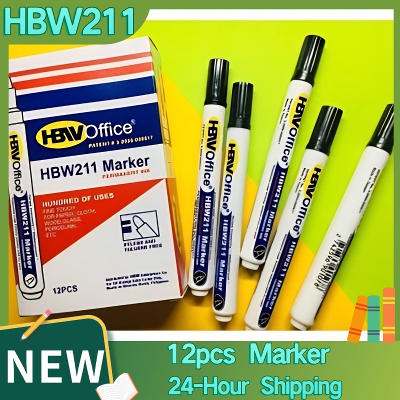 NEW COD 12 PCS/ BOX HBW office HBW211 MARKER PERMANENT INK BLACK MARKER ...