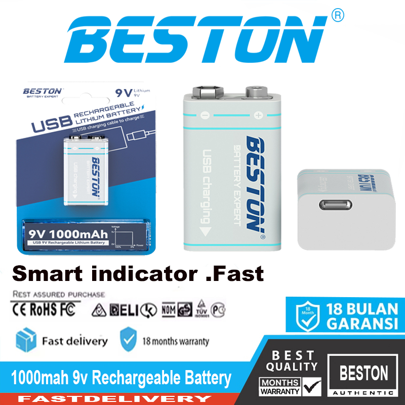 Original Beston 9V Rechargeable Battery 1000mAh Type-C Cycles Multi ...