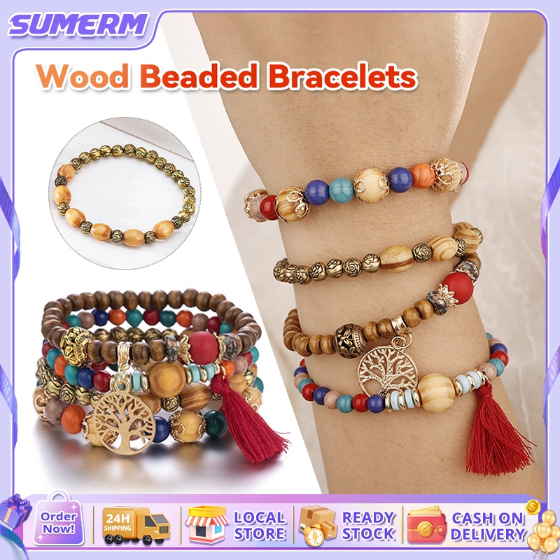 Wood Beaded Bracelets 4Pcs Handmade Boho Stackable Stretch Bracelets ...
