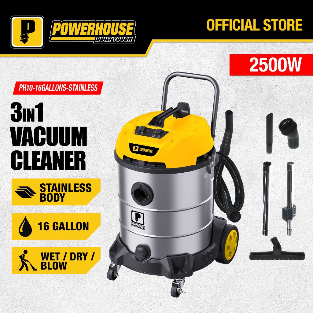 PowerHouse Wet & Dry Vacuum Cleaner Stainless Body 2,500W 16 Gallons ...