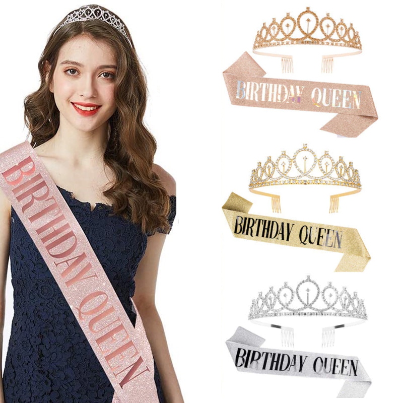 2pcs Birthday Crown Sash Crown Set Satin Sash Shoulder Strap Queen Girl ...