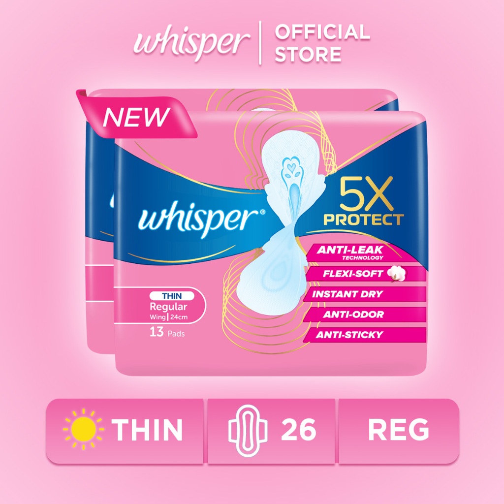 [Duo Pack] Whisper 5x Protect Thin Regular Wing Sanitary Pads 24cm 13 ...