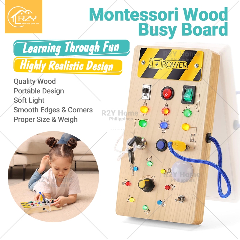 Montessori Wooden Busy Board with 8 LED Light switches, Sensory Toys ...