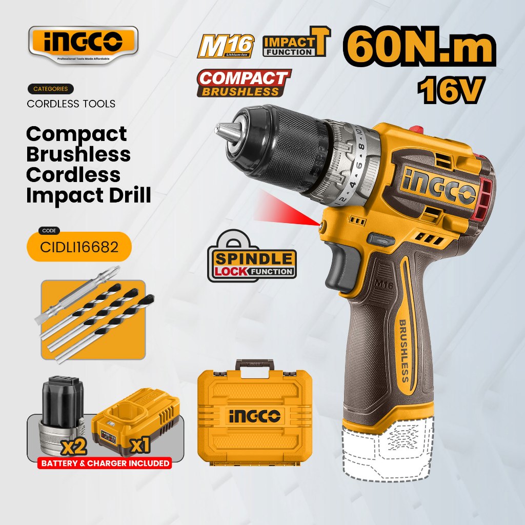 Ingco 60Nm 16V Compact Brushless Cordless Impact Hammer Drill 2-Speed ...
