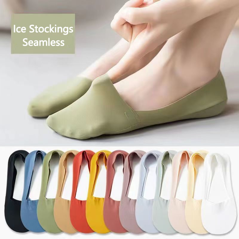 Alice Women's Ice Silk Boat Socks Silicone Non-Slip Invisible Cotton ...