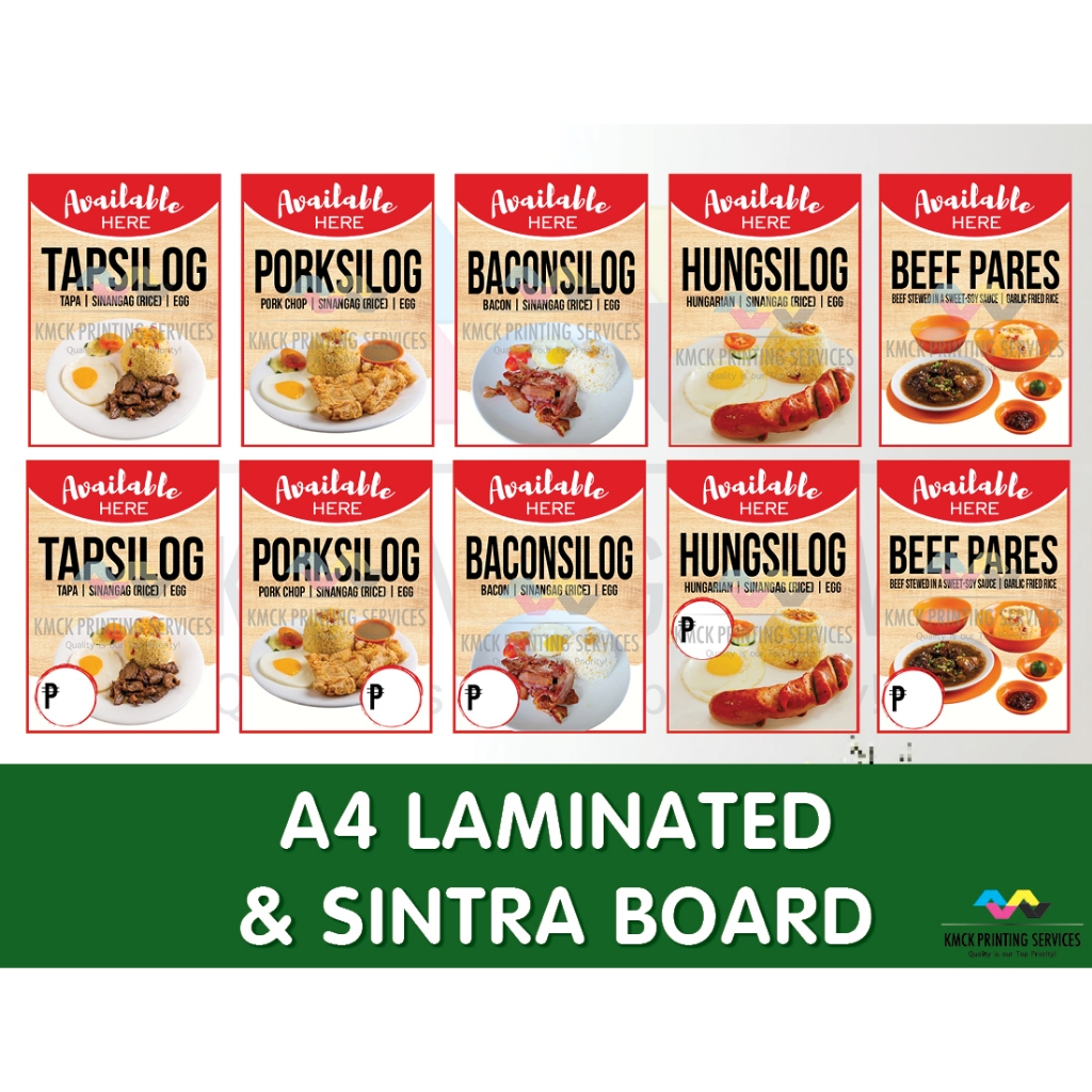 Food Signages Tapsilog, Porksilog, Baconsilog, Hungsilog, Beef Pares ...