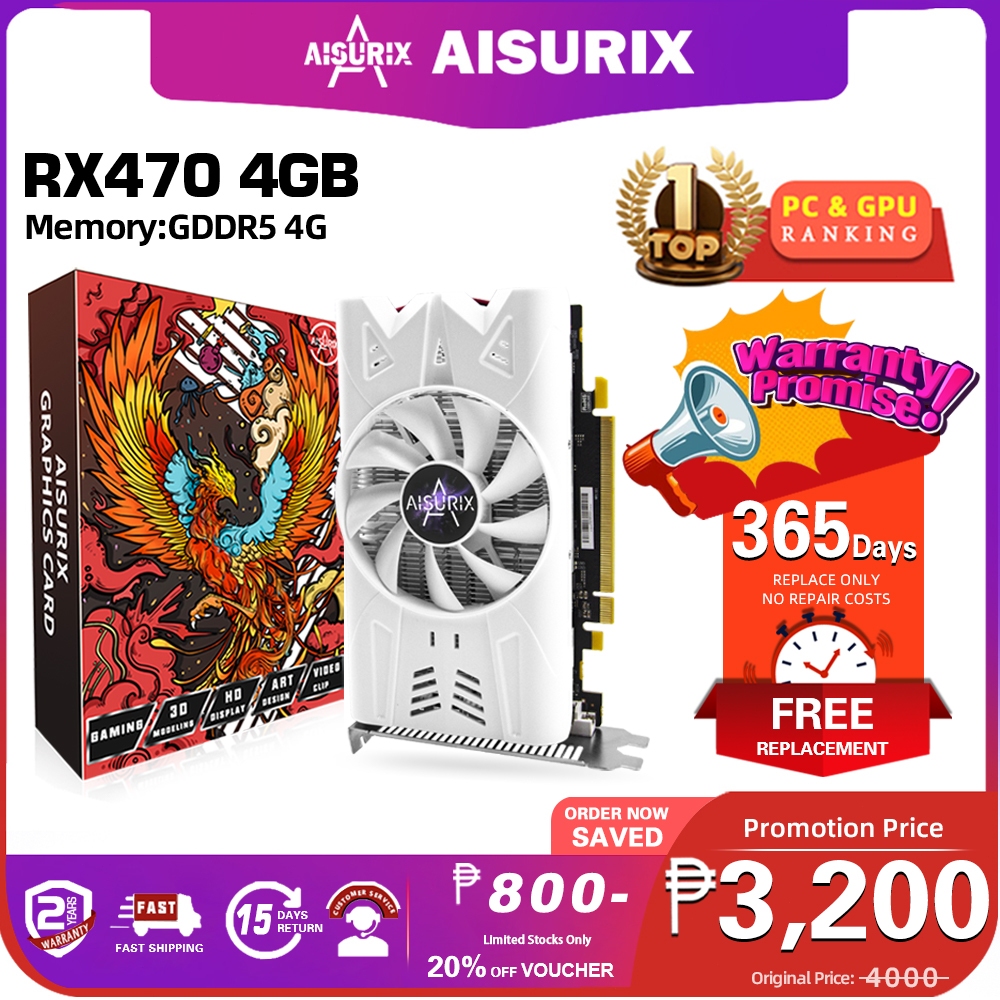 AISURIX RX470 4GB Graphics Card Computer GDDR5 256Bit GPU AMD Video Card For Gaming Work Office ...