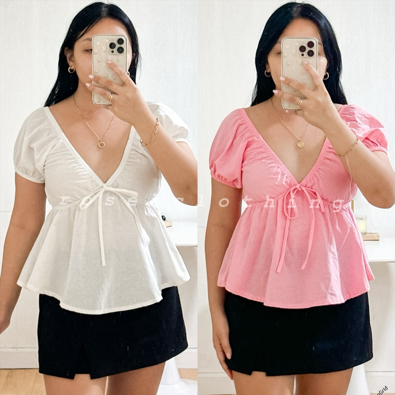 Alma Puff Sleeve Deep V Neck Bustier Linen Peplum Top | Shopee Philippines