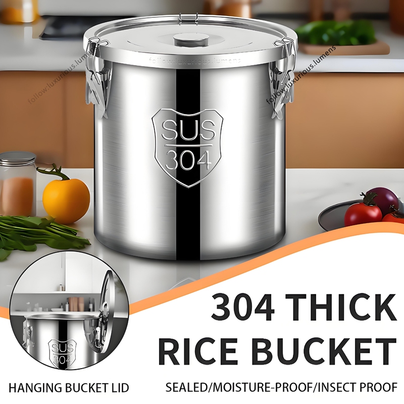 304 Thicken Stainless Steel Closed Rice Bucket With Lock Buckle Against ...