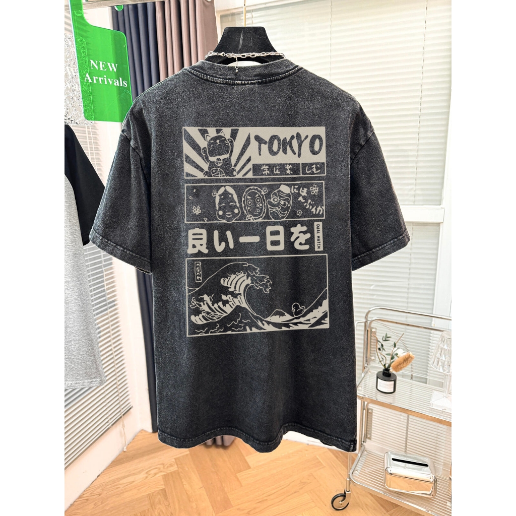 FPA American retro graphic wash black T-shirt OVERS Unisex 100% cotton ...