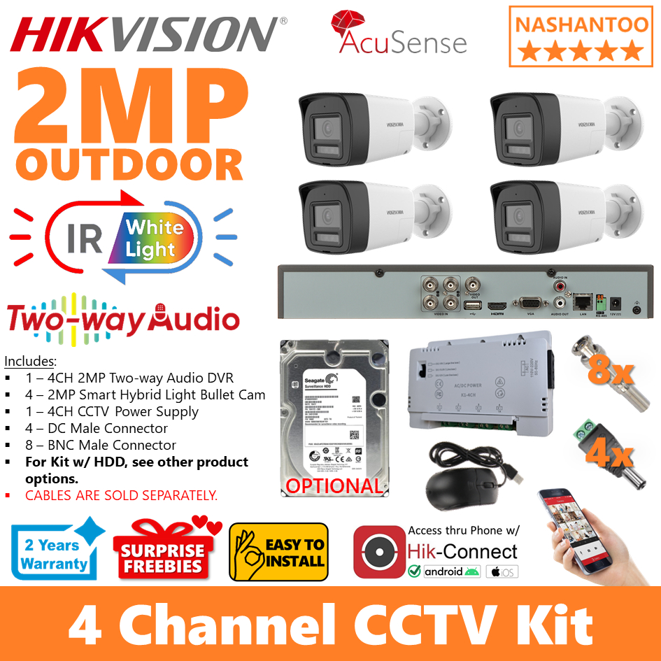 (2025 New) HIKVISION 4CH 2MP Two Way Audio Smart Hybrid Light 4Cameras Acusense DIY CCTV Package ...