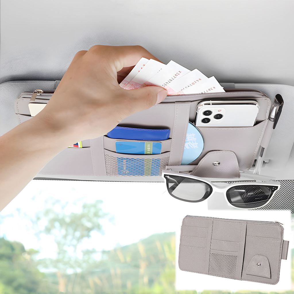 Car Sun Visor Organizer - PU Leather Sunshade Clip Storage Bag with ...