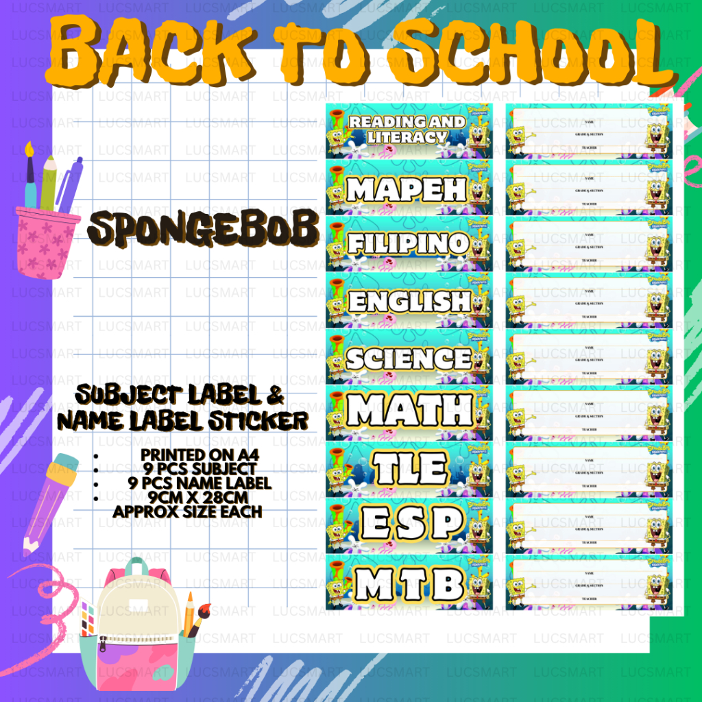 LUCSMART Fast shipping - NEW DESIGN SPONGEBOB THEMED Subject and Name ...