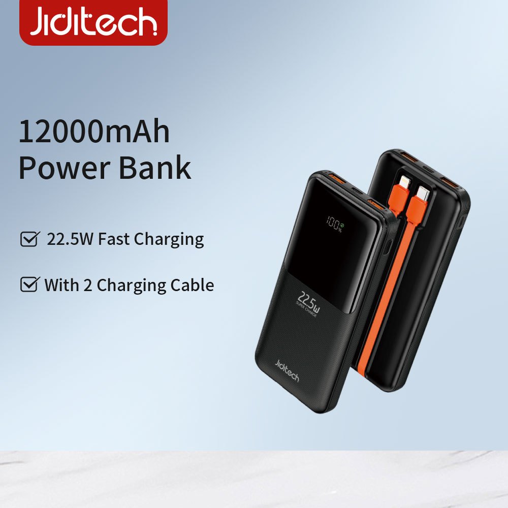 Jiditech 12000mAH Power Bank 2.1A Fast Charging Built in Cable Portable ...