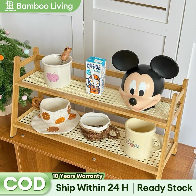 Storage Rack Organizer Wooden Double-Layers Table Shelf Rattan Bedroom ...