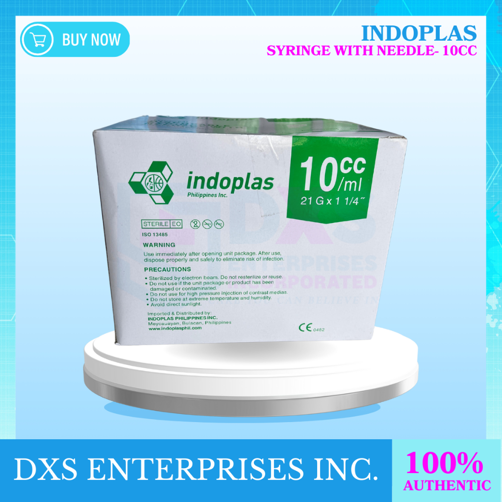 INDOPLAS DISPOSABLE SYRINGE WITH NEEDLE 10CC 10ML 21G X 1 1/4"- 100 PCS ...