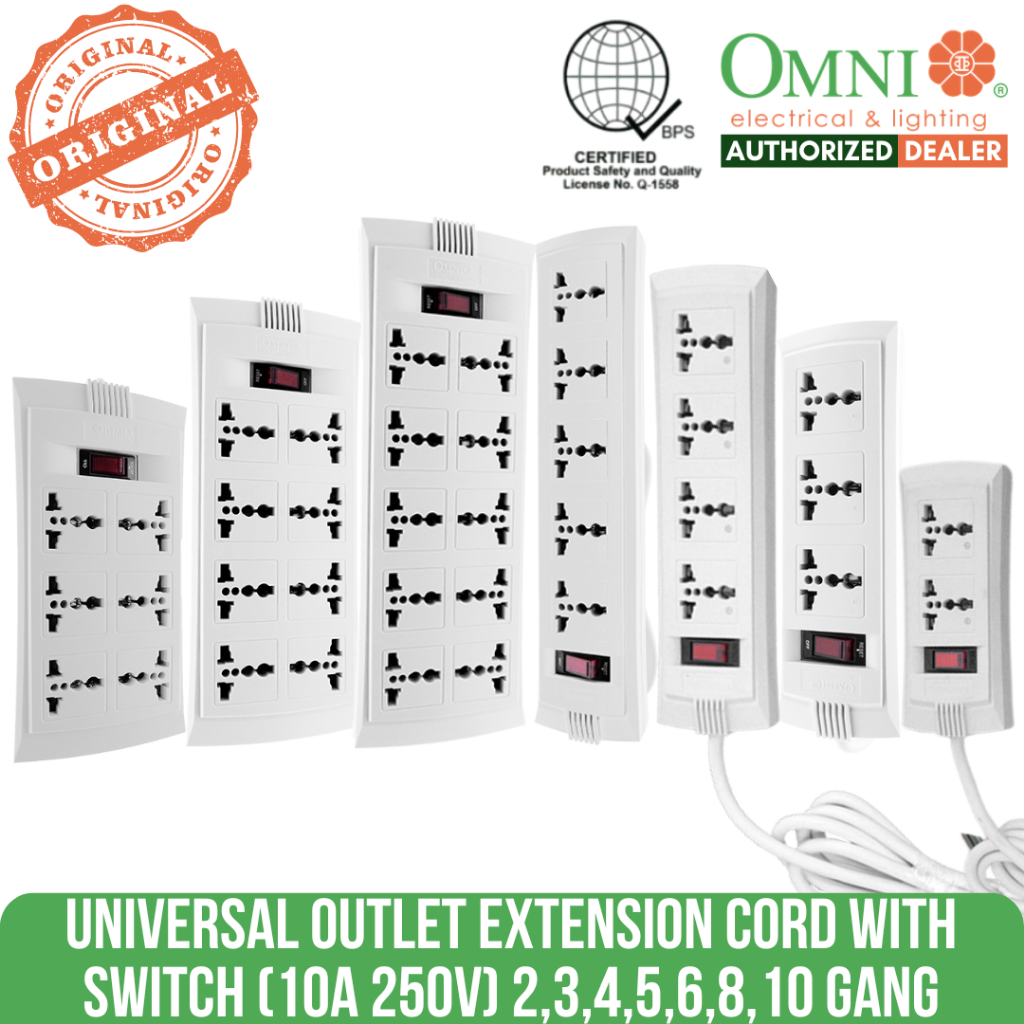 Omni Universal Outlet Extension Cord with Switch 2, 3, 4, 6, 8, 10 GANG ...