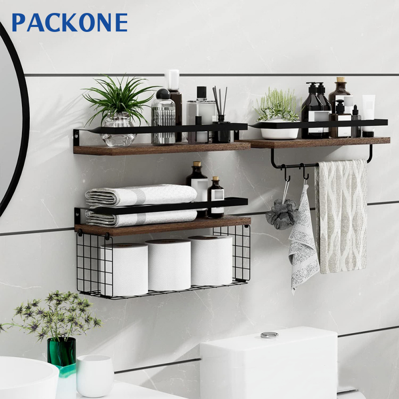 PACKONE Wooden Wall Mounted Floating Shelf with Storage Basket 2/3 ...