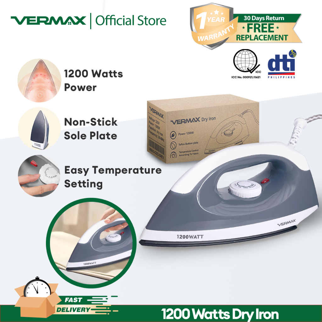 Vermax Flat Iron 1200W quickly heats Steam Iron Grey Upgraded Teflon ...