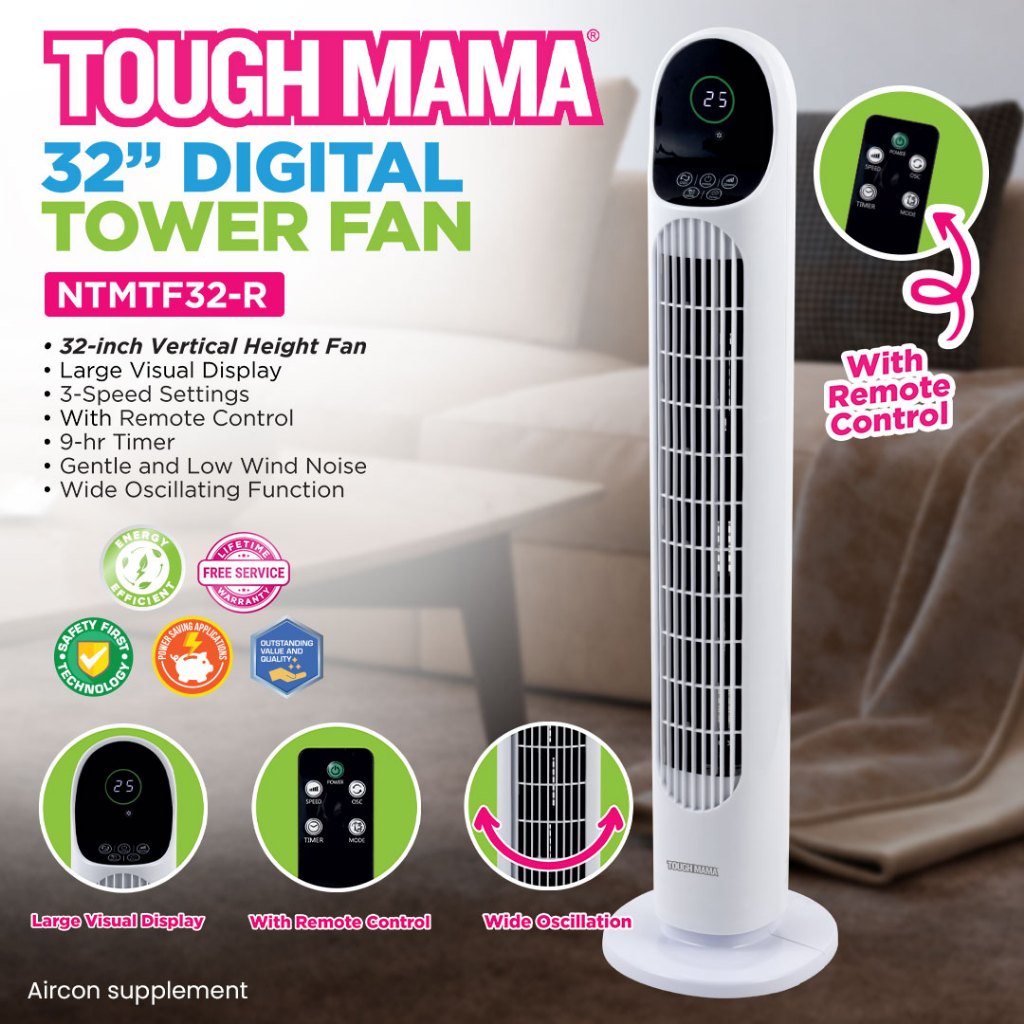 Tough Mama NTMTF32-R Digital Tower Fan 32” Tall 3-speed with remote & 9 ...