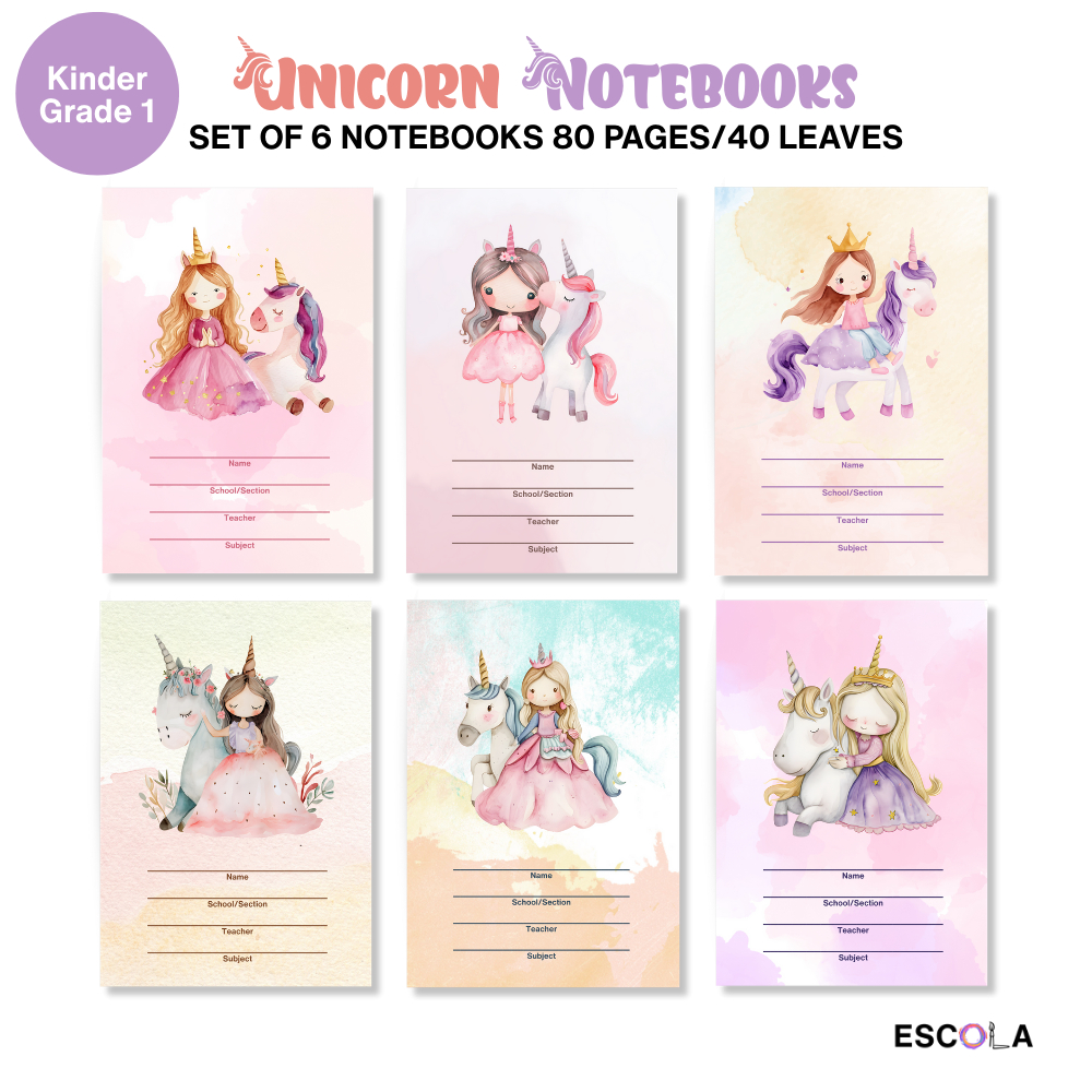 Set of 6 KINDER / GRADE 1 Notebooks, Unicorn Design, Standard A5, 40 ...