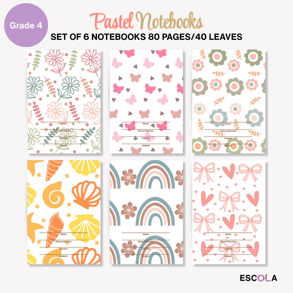 Set of 6 GRADE 4 Composition Notebooks, Pastels Design, Standard A5, 40 ...