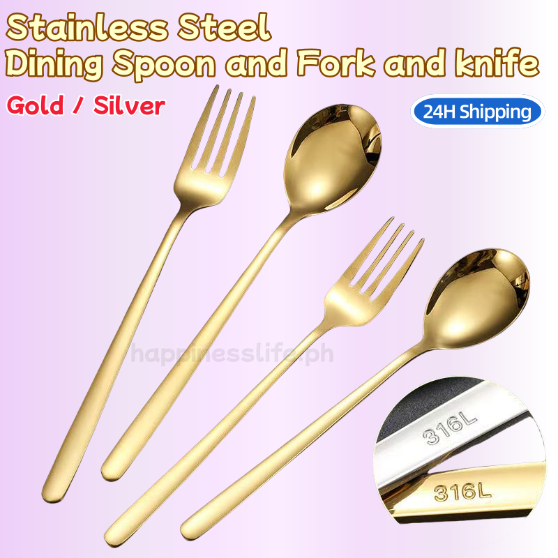 Korean Style Stainless Steel Dining Spoon and Fork Korean Cutlery Gold ...