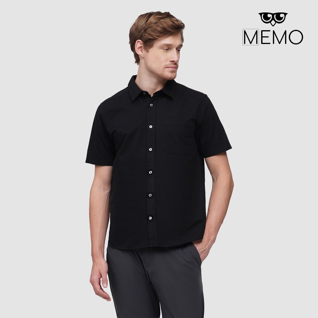 Memo Button Up Short Sleeve Oxford Shirt For Men (Black/Light Gray ...