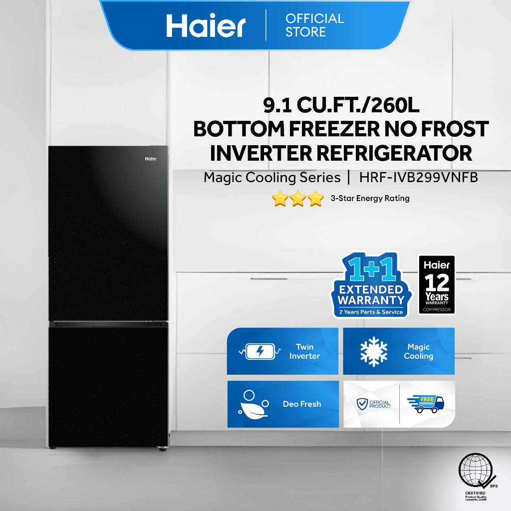 Haier HRF-IVB299VNFB 9.18 cu.ft./260L Magic Cooling No Frost Twin Inverter Bottom Frzr ...