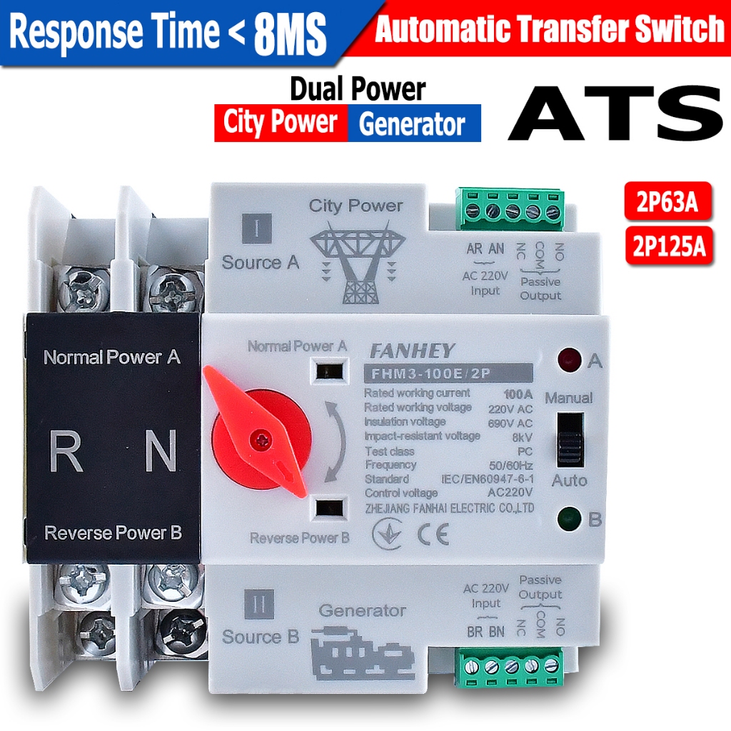 MCB type Dual Power Automatic transfer switch 2P 63A 125A ATS Circuit ...