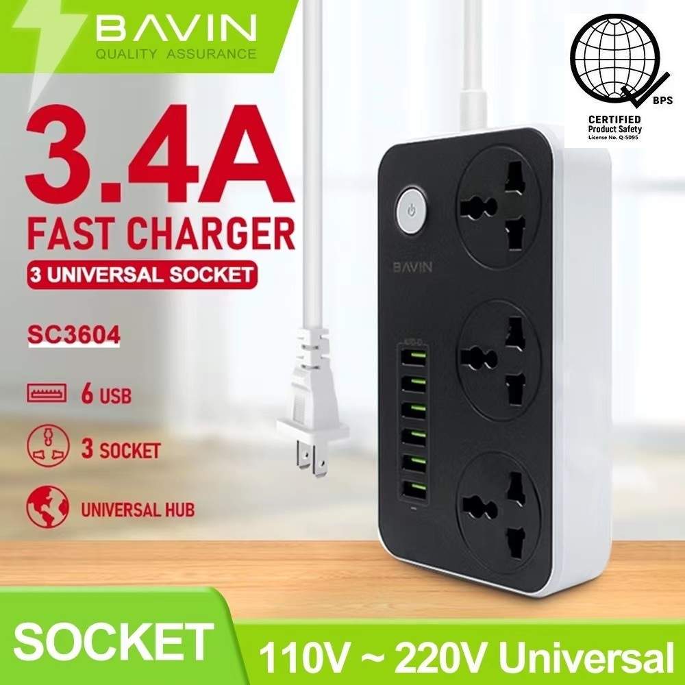 BAVIN 3.4A Wire Extension Universal Charger with 6 USB & 3 Power Socket ...