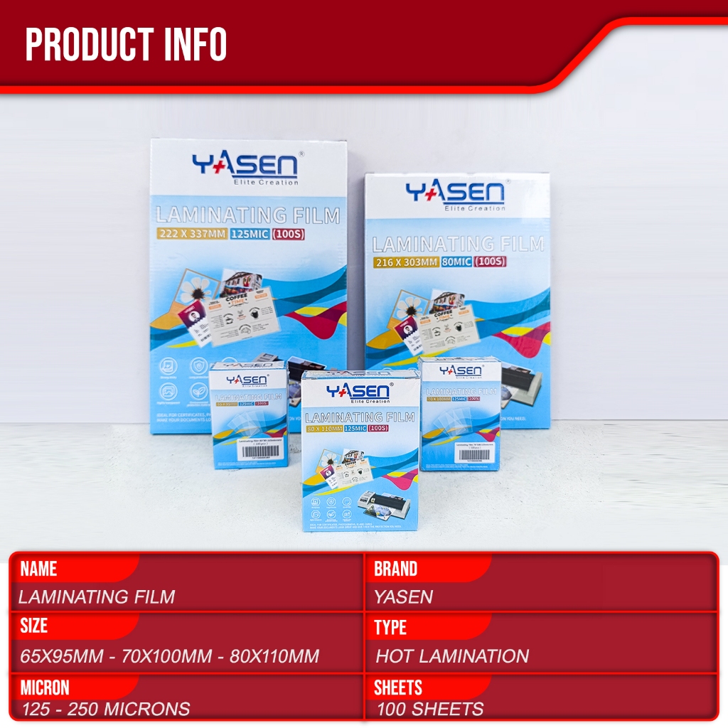 Yasen ID Size Laminating Film (65mmx95mm | 70x100mm | 80x110mm) 125 / ...