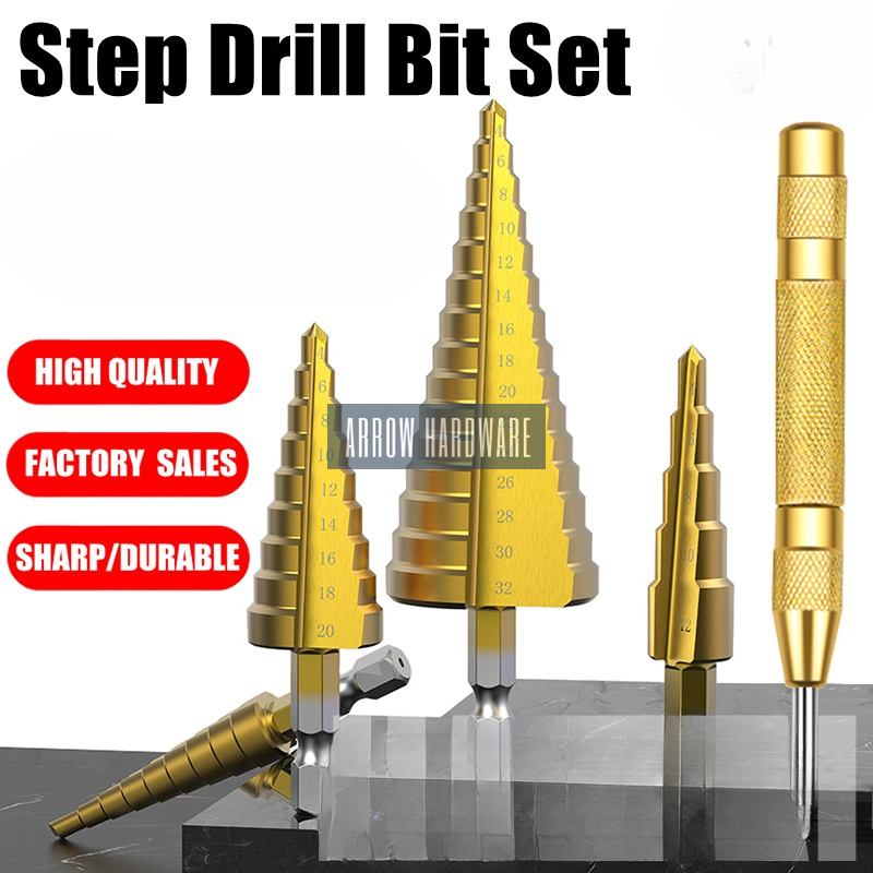 HSS Straight Groove Titanium Step Drill Bit Set Automatic Center PunchTitanium Coated Wood Metal ...