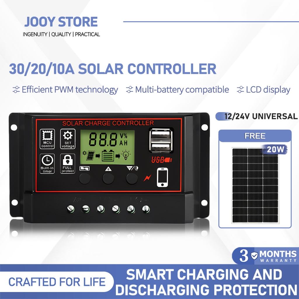 10A/20A/30A PWM 24V/12V Solar Panel Regulator Charge Controller Battery Charger LCD Display USB ...