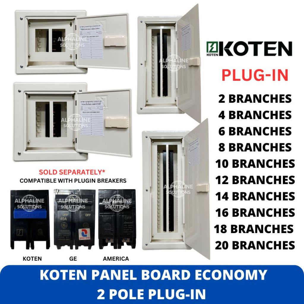 KOTEN Panel Board/Box ECONOMY PLUGIN Breakers 2, 4, 6, 8, 10, 12, 14, 16, 18, 20 Branches Koten ...